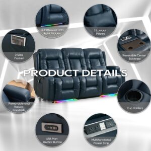 IPKIG Power Loveseat Recliner - 76.8" Reclining Loveseat 3-Seater Recliner Sofa with 4 Colors LED Strip, AC Outlets, USB-A/C Ports and Cup Holders for Living Room Home Theater (Blue, 3-Seater)