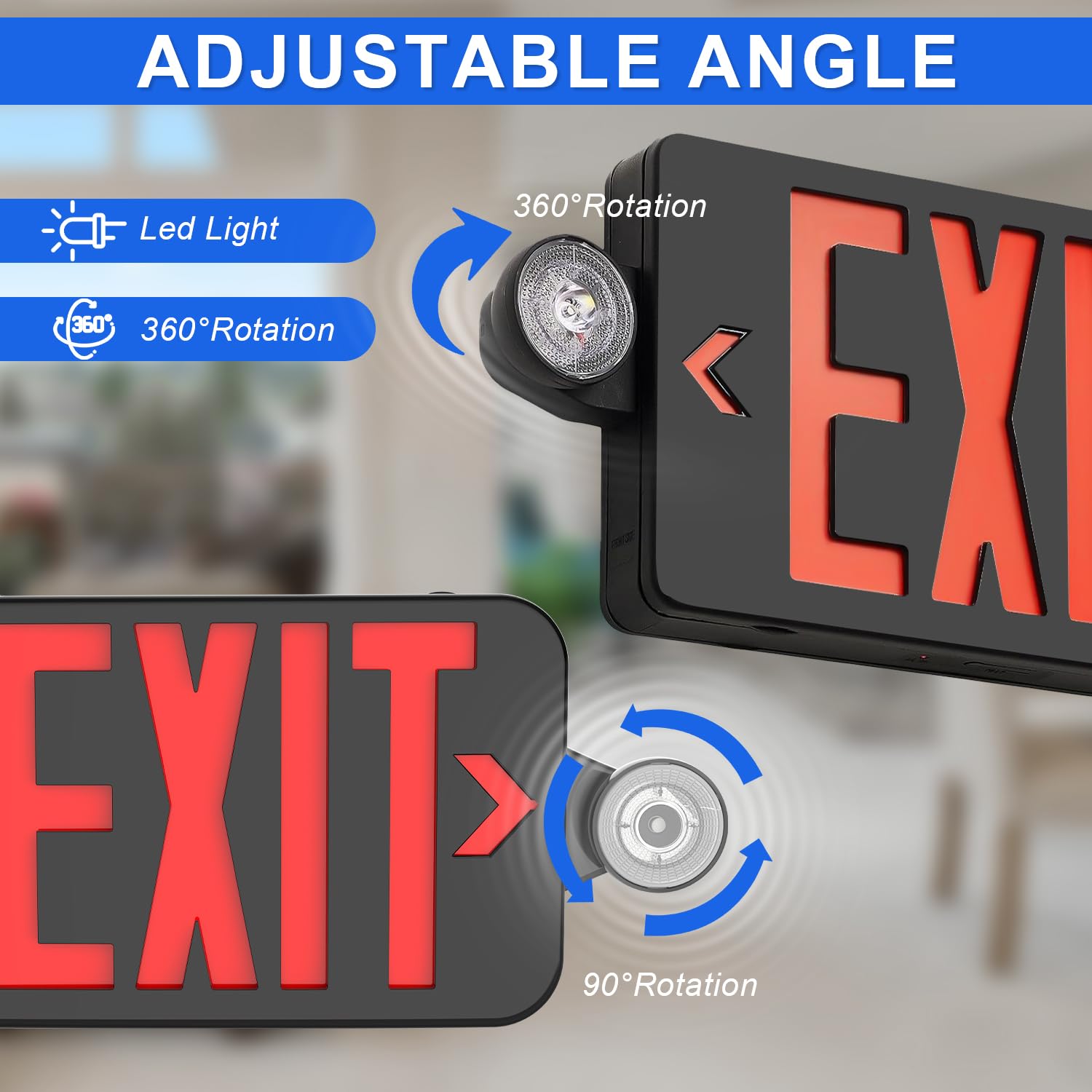 Black LED Exit Sign with Emergency Lights, Adjustable Two LED Head Exit Light with Battery Backup, UL Listed, AC 120/277V, Double Sided Hard Wired Commercial Emergency Light for Business (4 Pack)