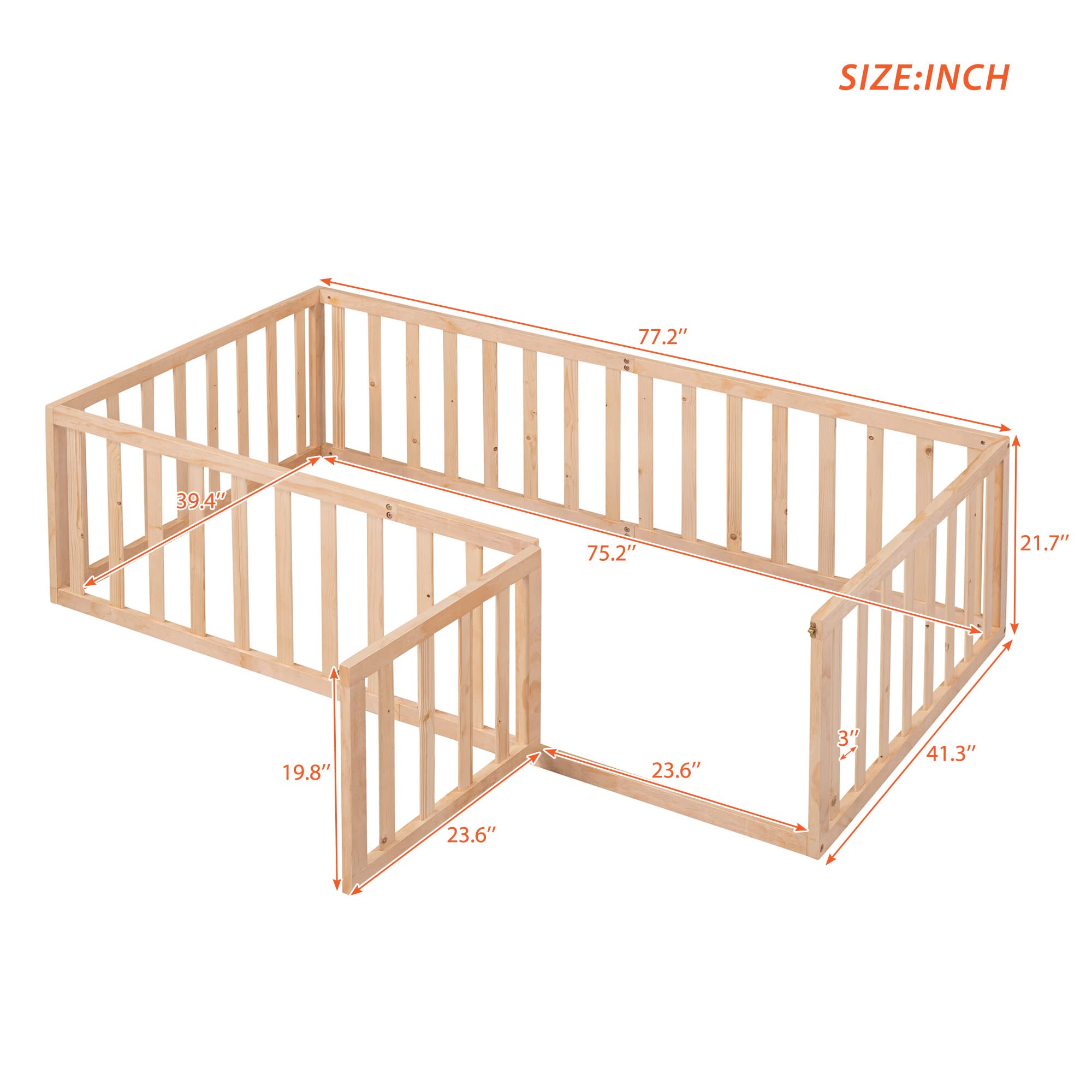 Bellemave Twin Floor Bed with Fence and Door, Kids Montessori Floor Bed Without Slats, Cute Montessori Bed for Kids, Girls, Boys, Wodd Floor Bed(Natural Twin)