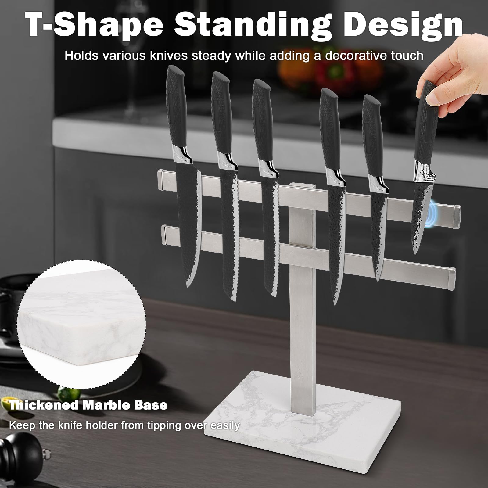 BathAce Magnetic Knife Block Holder Stand with Marble Base for Countertop, Stainless Steel Knife Rack with Strong Enhanced Magnets Strip for Kitchen Utensil and Tool Organizers, Brushed Nickel