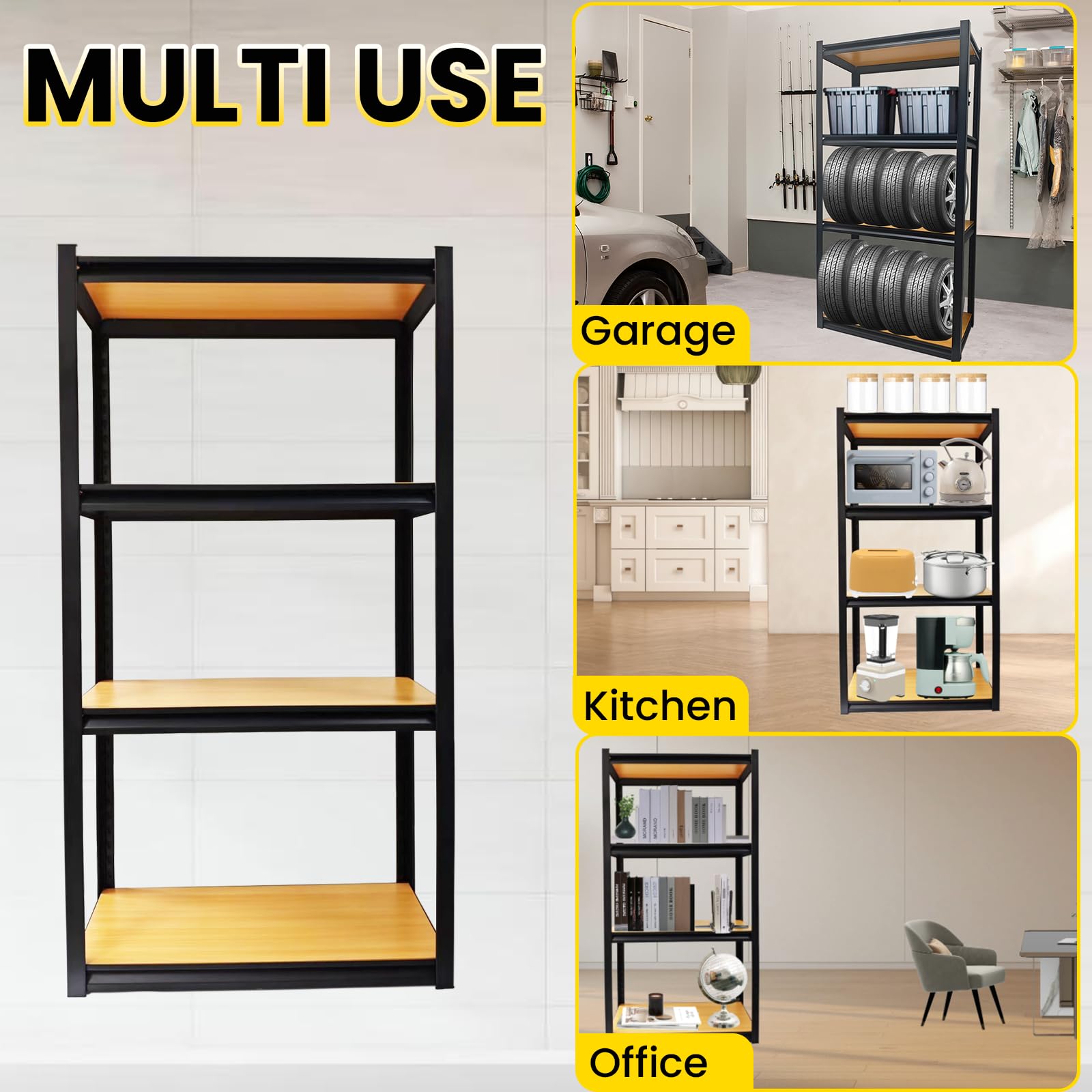 WRSTER-TECH Storage Shelf 4 Tier Adjustable Garage Storage Organizer, Heavy Duty Metal Storage Utility Rack Shelving with Thicken Wooden Board for Kitchen Warehouse Pantry Closet Office