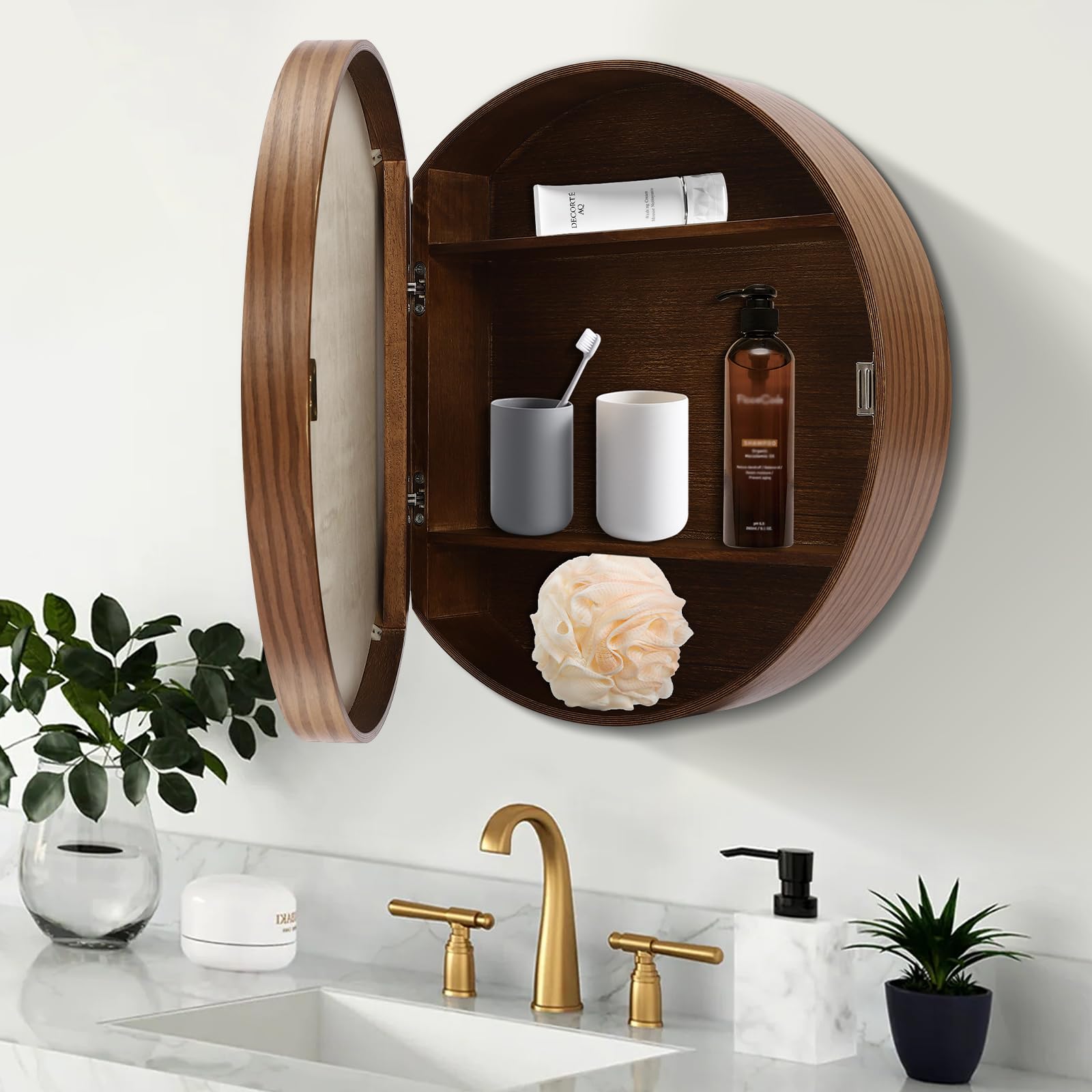 YUMIONB Round Bathroom Mirror Cabinet, Wall-Mounted Bathroom Mirror Cabinet Bathroom Storage Cabinet Bathroom Vanity Mirror Cabinet 3 Level Mirror Cabinet for Bathrooms, Toilets, Balconies (Walnut)