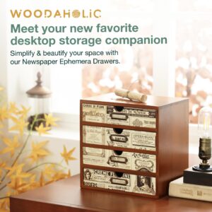 4-Drawer Vintage Ephemera Pattern Desktop Organizer - Arts and Craft Newspaper Design Desk Storage Cabinet - Ephemera Wood Shelf Drawers with Label Holders - Scrapbook Collecting