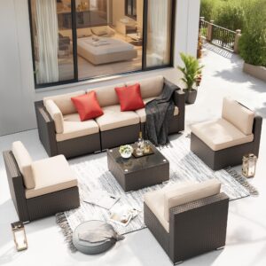 SUNCROWN 7-Piece Outdoor Patio Furniture Sofa Set All-Weather Black Wicker Sectional Conversation Set with Modern Glass Coffee Table and Cushions (Brown)