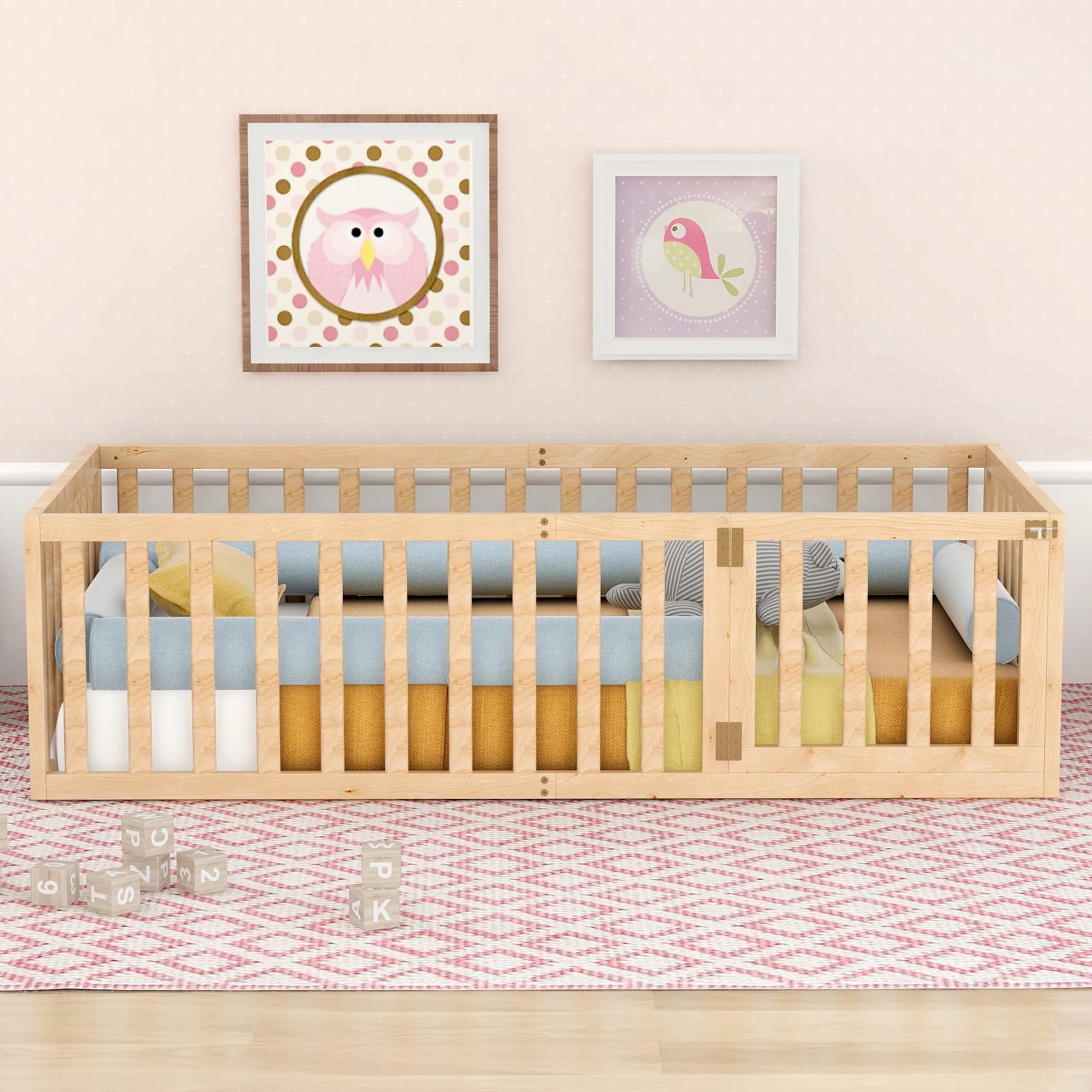 Bellemave Twin Floor Bed with Fence and Door, Kids Montessori Floor Bed Without Slats, Cute Montessori Bed for Kids, Girls, Boys, Wodd Floor Bed(Natural Twin)