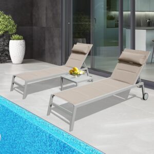 domi patio chaise lounge set of 3, aluminum pool lounge chairs with side table and wheels, textilene padded adjustable recliner all weather for patio deck poolside beach yard, lawn, khaki