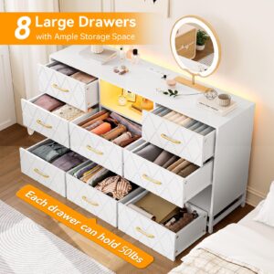 Patikuin 8 Deep Drawer White Dresser for Bedroom with Charging Station and LED Lights, 59" TV Dresser Wooden Large Long Dresser, Modern Chest of Drawers Storage Organizer for Closet, Living Room