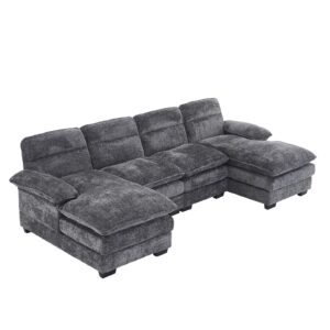 111" cloud couch,modular sectional sofa, convertible u shaped sofa couch,4 seat chenille sleeper sofa with chaise lounge upholstery double cushions deep seat sleeper couch for living room