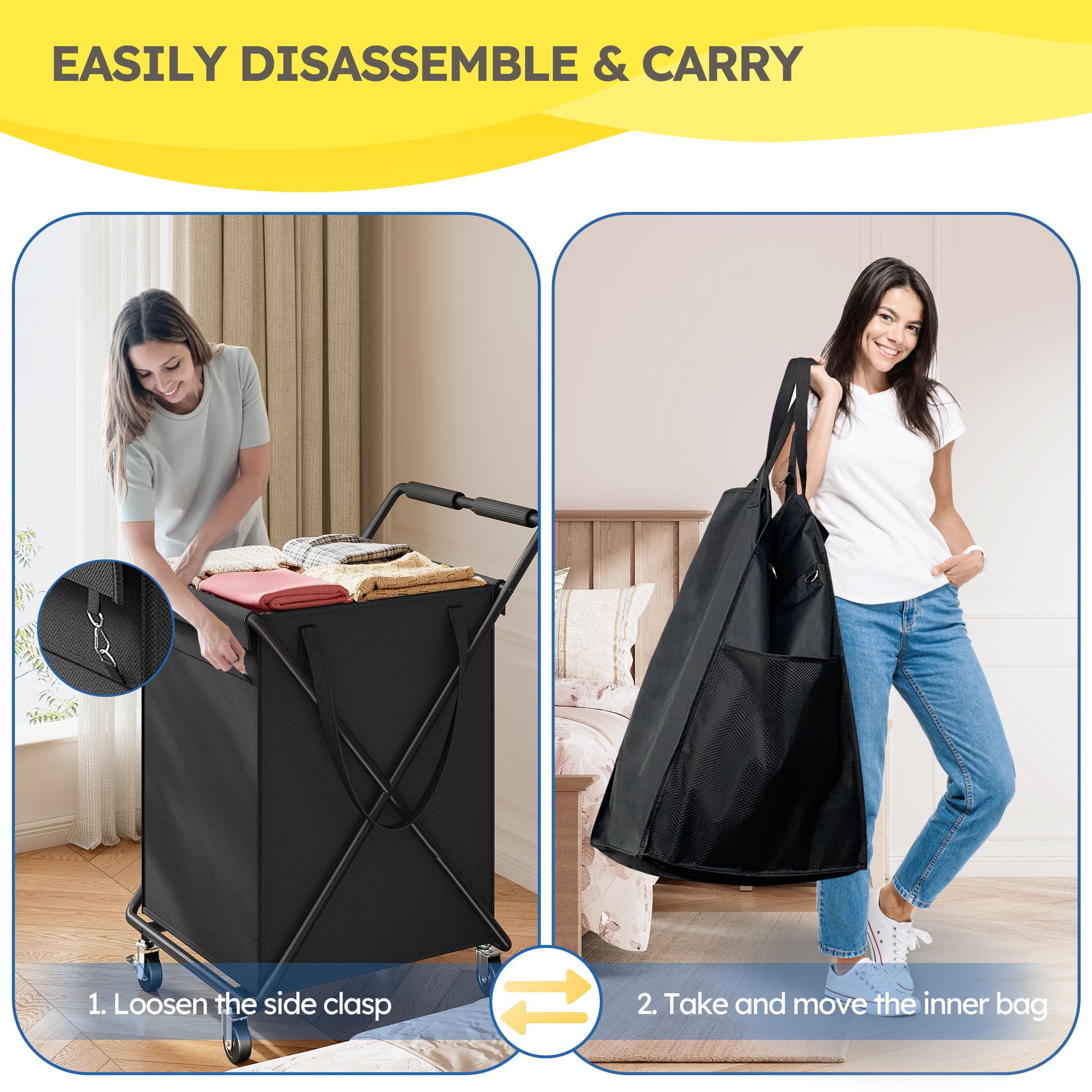 Raybee Laundry Basket with Wheels, 170L Rolling Laundry Basket with Removable Bag & X-Shaped Metal Frame for Clothes Storage, laundry Cart for Laundry Room Organization Laundry Hamper for Dorm (Black)