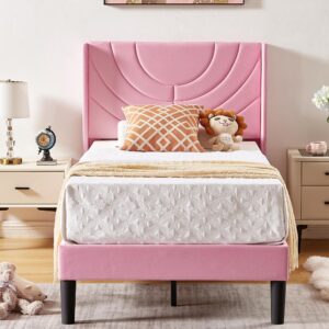 vecelo twin upholstered platform bed frame with fabric headboard,wooden slats support/no box spring needed/mattress foundation for girls,boys,pink