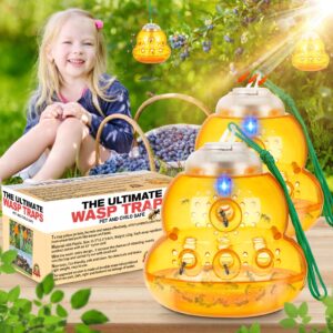 solar wasp trap outdoor hanging, non-toxic reusable hornet yellow jacket trap, new upgrade bee catcher insect killer with led blue light - orange, 2 pack