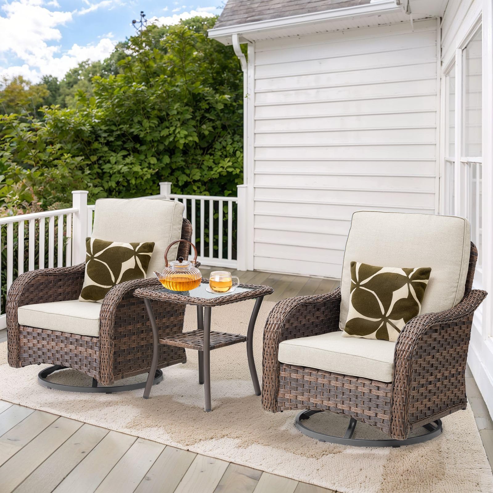 LUMIINOFAMI Swivel Rocker Patio Chairs, Rocker Swivel Patio Set 3 Piece with Side Table, Deep Seat Outdoor Patio Furniture Rattan Rocking Chair with Cushions for Porch Deck Garden(Beige Cushion)