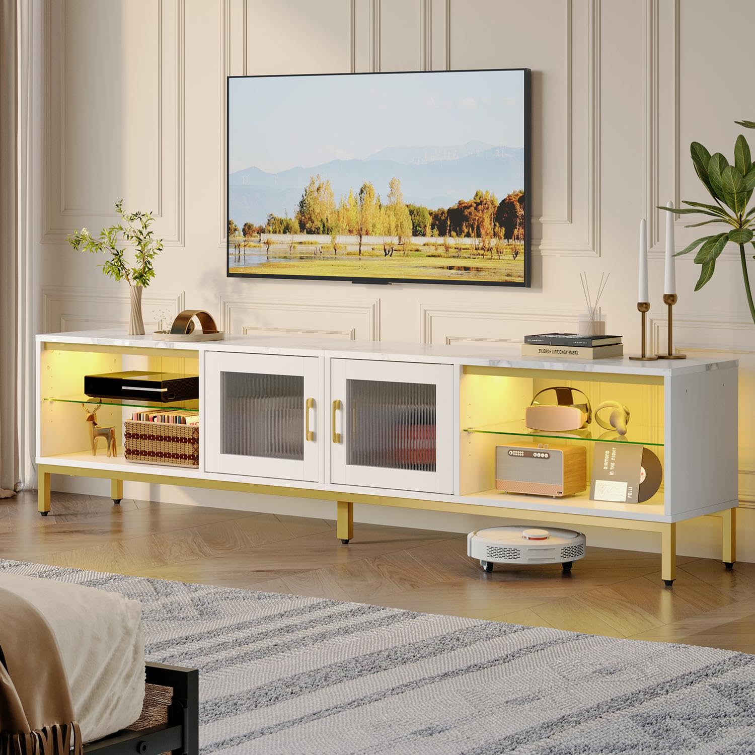 Bestier 80 inch TV Stand for TVs Up to 85", 4 in 1 Entertainment Center with LED Lights, Modern Media Console Table with Storage Cabinet & Adjustable Shelves, for Living Room Bedroom, White Marble