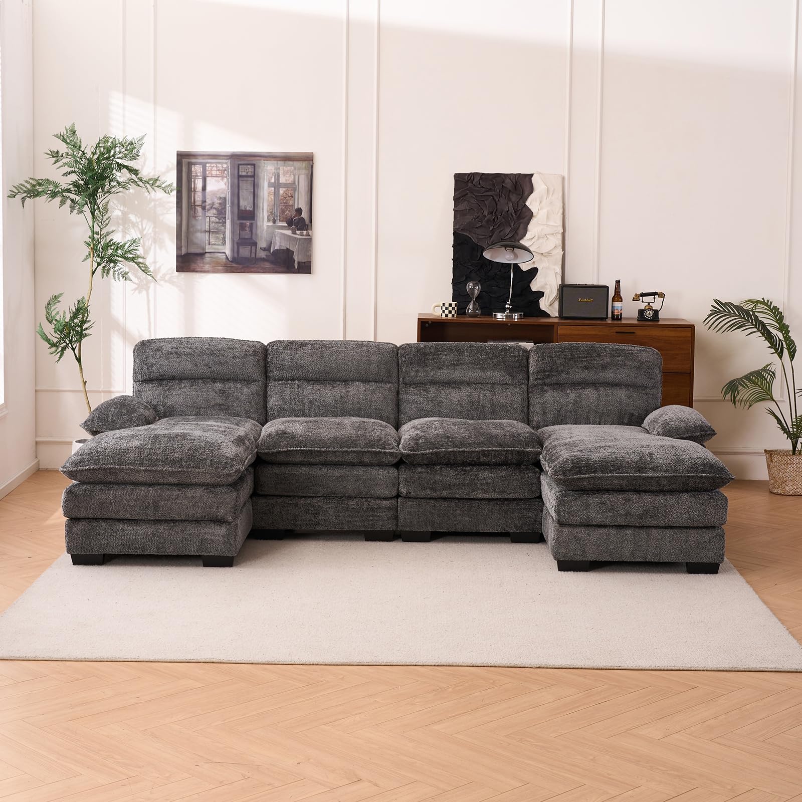 111" Cloud Couch,Modular Sectional Sofa, Convertible U Shaped Sofa Couch,4 Seat Chenille Sleeper Sofa with Chaise Lounge Upholstery Double Cushions Deep Seat Sleeper Couch for Living Room