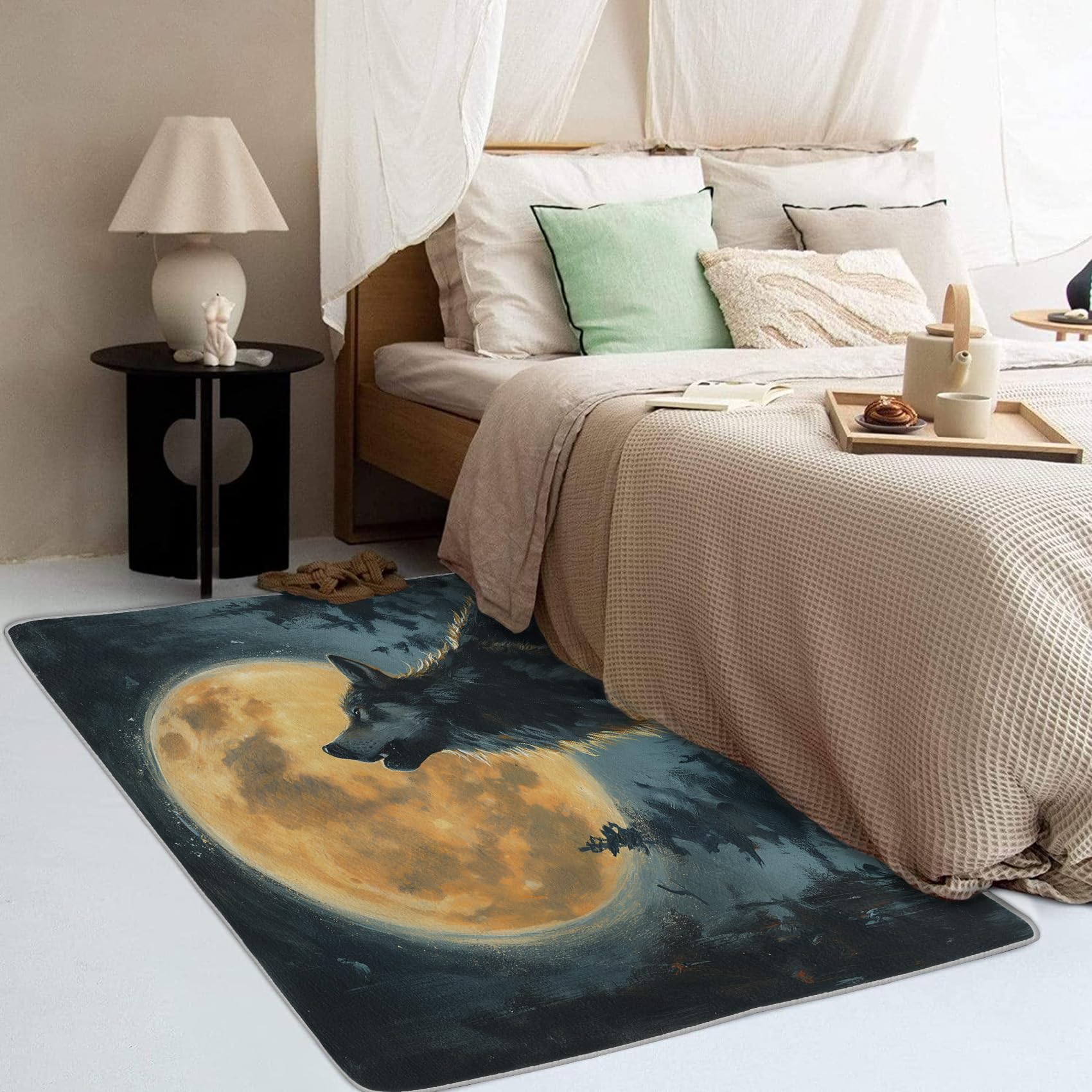 Tzvjxln Wolf Moon Rugs for Living Room Bedroom - Howling Wolf Rug 4x6 Animal Carpet for Home Decor - Washable Non Slip Patterned Indoor Small Area Rug - Soft & Low Pile