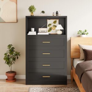 ristern 4-drawer with hollow metal dresser for bedroom, closet dressers chest with fluted panel, tall wide dresser, large storage space for bedroom, living room, black, 15.75" d x 31.5" w x 52.44" h