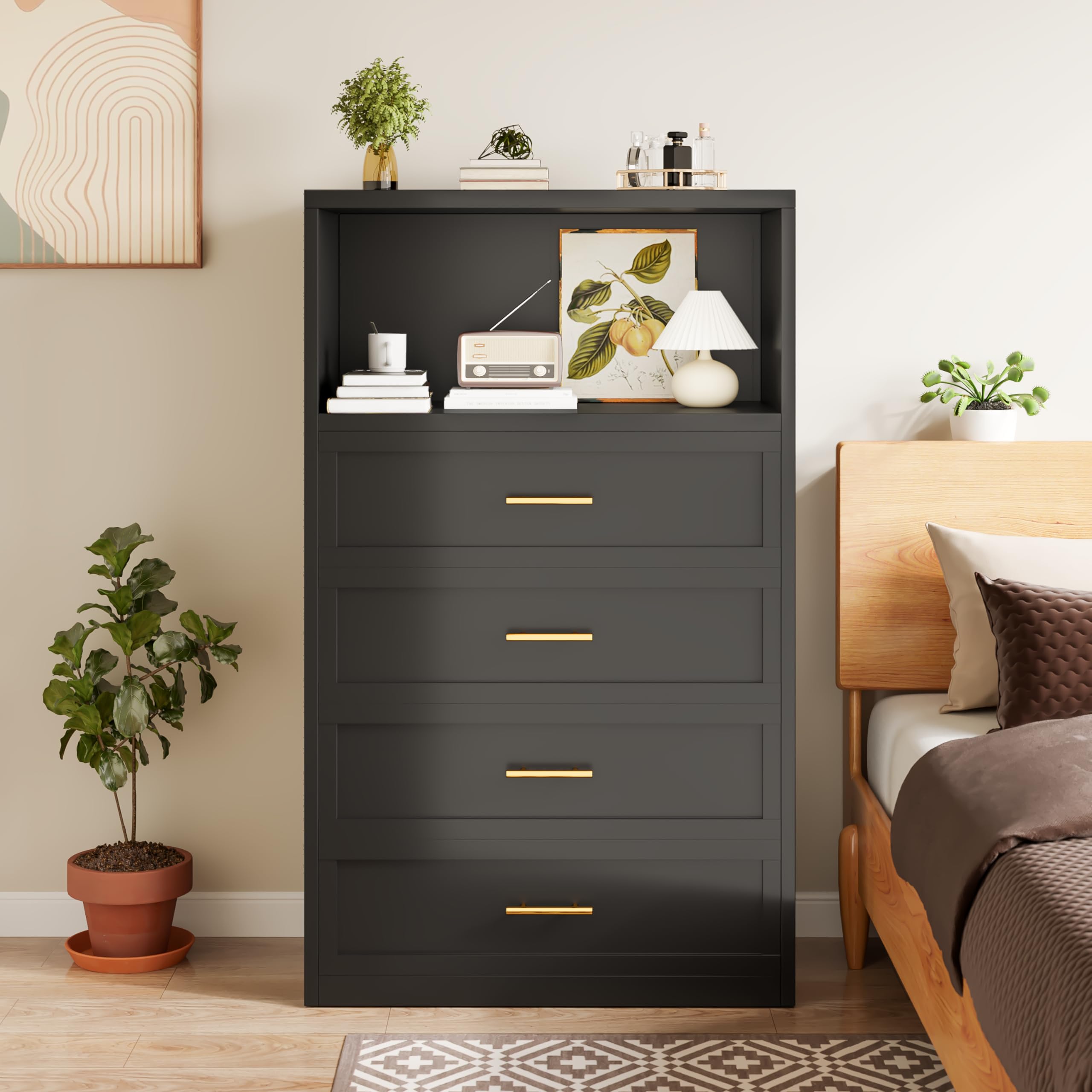 RISTERN 4-Drawer with Hollow Metal Dresser for Bedroom, Closet Dressers Chest with Fluted Panel, Tall Wide Dresser, Large Storage Space for Bedroom, Living Room, Black, 15.75" D x 31.5" W x 52.44" H