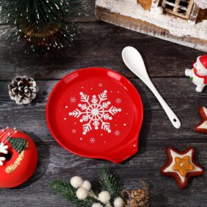 JarThenaAMCS 4.7inch Christmas Ceramic Spoon Rest Red White Snowflake Small Coffee Spoon Holder for Winter Xmas Coffee Stirrers Teaspoon Bar Coffee Station Accessories