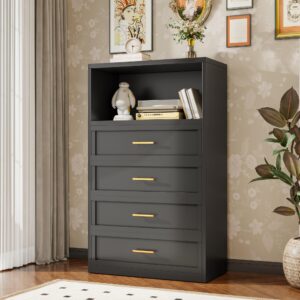 RISTERN 4-Drawer with Hollow Metal Dresser for Bedroom, Closet Dressers Chest with Fluted Panel, Tall Wide Dresser, Large Storage Space for Bedroom, Living Room, Black, 15.75" D x 31.5" W x 52.44" H