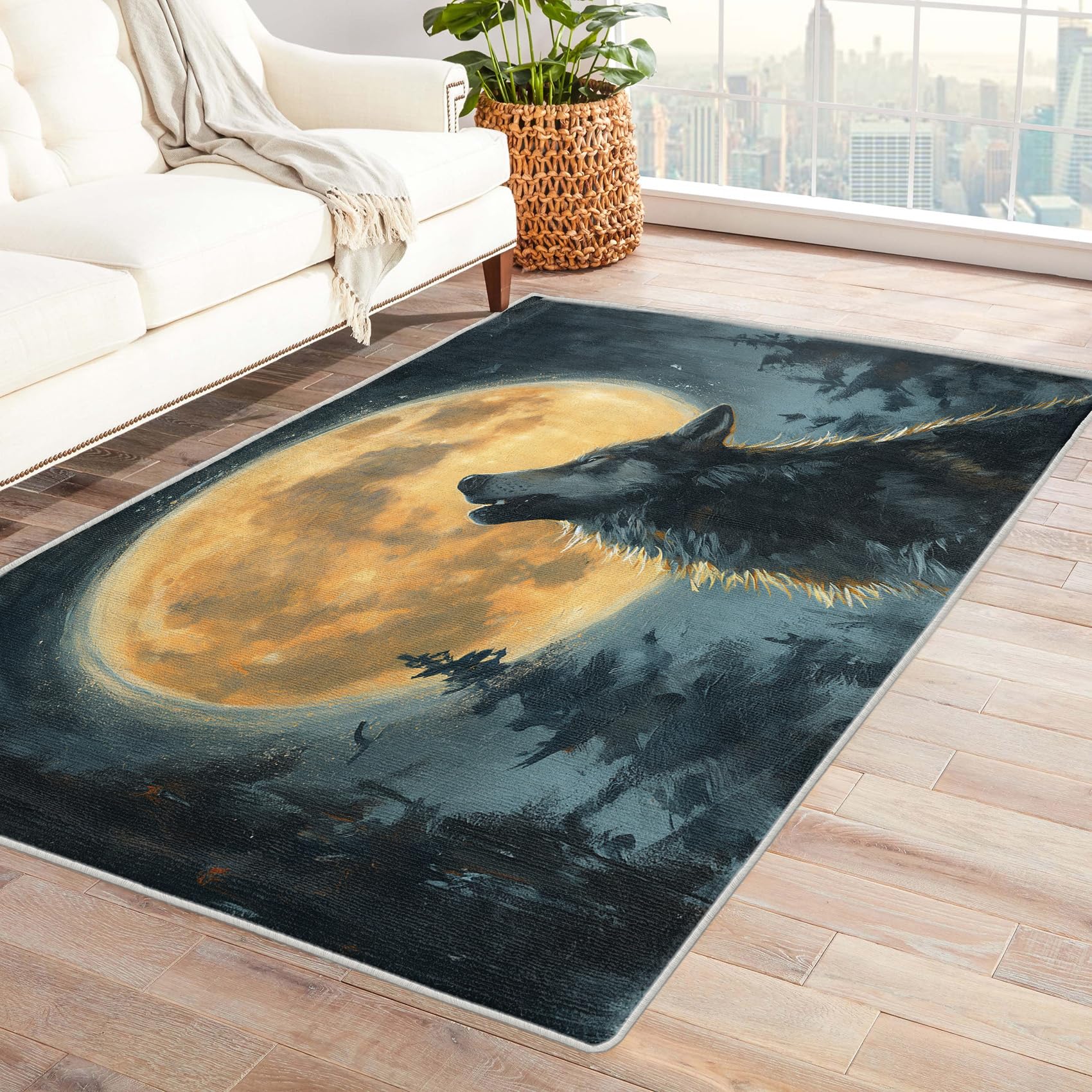 Tzvjxln Wolf Moon Rugs for Living Room Bedroom - Howling Wolf Rug 4x6 Animal Carpet for Home Decor - Washable Non Slip Patterned Indoor Small Area Rug - Soft & Low Pile