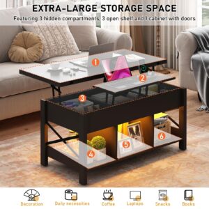 Hlivelood Lift Top Coffee Table, 4 in 1 Living Room Multi-Function LED Table with Charging Station&LED Lights, Farmhouse Convertible Lift Center Table w/Storage and Hidden Compartmen