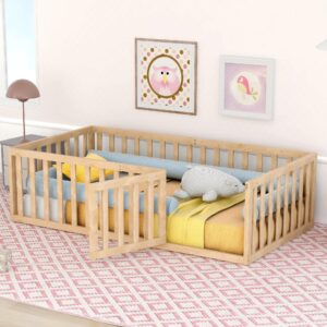 bellemave twin floor bed with fence and door, kids montessori floor bed without slats, cute montessori bed for kids, girls, boys, wodd floor bed(natural twin)