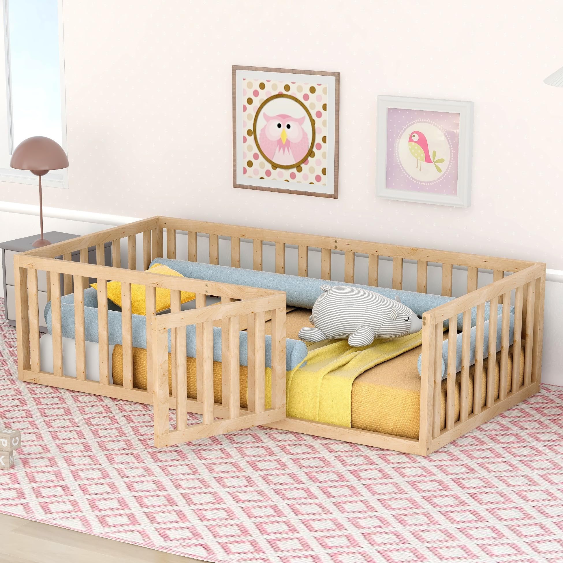 Bellemave Twin Floor Bed with Fence and Door, Kids Montessori Floor Bed Without Slats, Cute Montessori Bed for Kids, Girls, Boys, Wodd Floor Bed(Natural Twin)