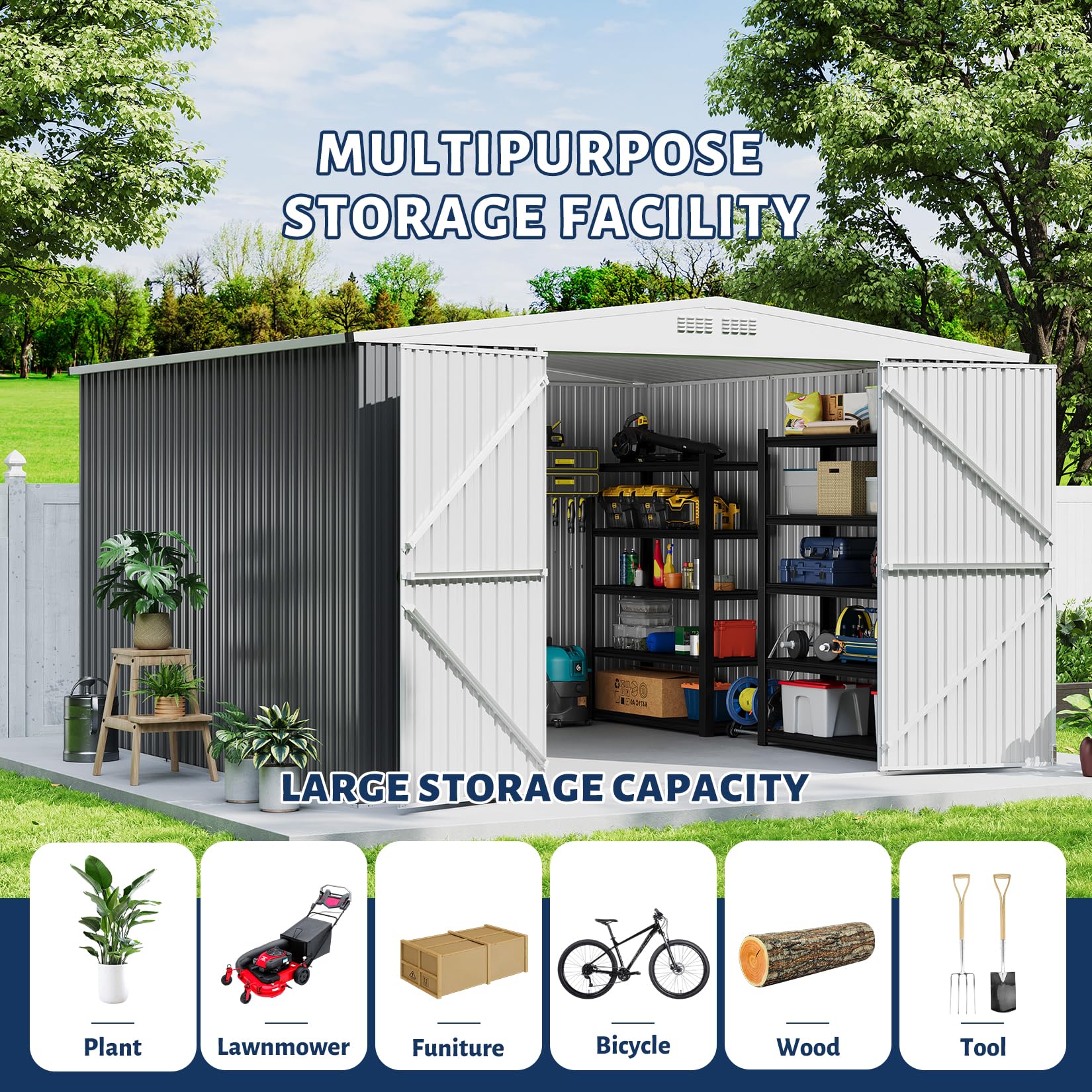 GarveeLife 10x10 Shed for Outdoor Storage, Galvanized Steel Metal Tool Sheds House with Lockable Doors, Lock & Air Vent, Large Utility Sheds for Patio Garden Lawn