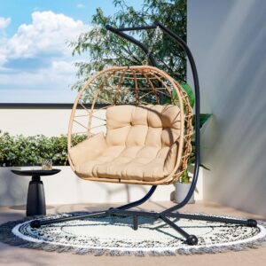 pamapic double swing egg chair,love seat proch swing egg chair, 700 lbs hanging egg chair with uv resistant wicker, patio furniture waterproof cushions hammock chair with stand and armrest, beige