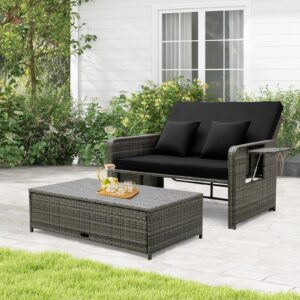 RELAX4LIFE Wicker Patio Outdoor Daybed - Rattan Day Bed Lounger w/Loveseat & Storage Ottoman, Sunbed Sofa Set w/Cushions, 4-Level Adjustable Backrest & 2 Retractable Trays, Patio Daybed (Black-Grey)