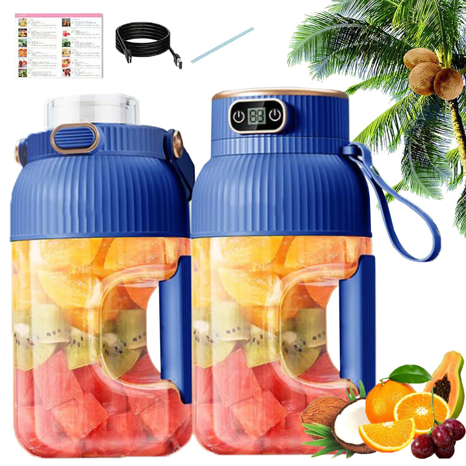 Yulyoie Multifunctional Portable Juicer Cup with Digital Display,Copenrain Portable Smoothie Blender on the Go,Portable Blender USB Rechargeable,for Gym/Travel/Kitchen (Blue-Double cups and lids)