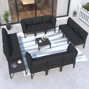 rwnnad patio furniture set,14 pieces modern outdoor conversation set, outdoor metal sectional sofa with thick cushion and coffee table, dark grey