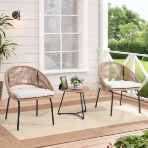 yangming patio furniture set, 3 piece outdoor bistro chair conversation sets woven rope with wood coffee table for yard backyard lawn garden porch backyard deck poolside balcony