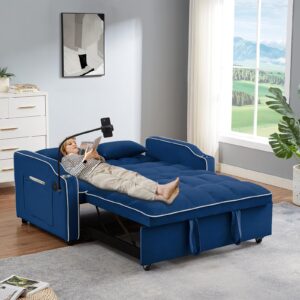 Sleeper Sofa Couch Bed with USB & Type C Port, Modern 3-in-1 Convertible Velvet Pull Out Loveseat Futon Sofa w/Phone Holder/Cup Holder for Living Room Apartment, Adjustable Backrest, Blue