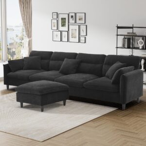 ONEMMLION L Shape Sectional Cloud Couches for Living Room, 110" Comfy Modular Sectional Sofa with Ottoman, Modern Fluffy Chenille 5-Seater Convertible Sofa Set with Chaise Lounge, Black