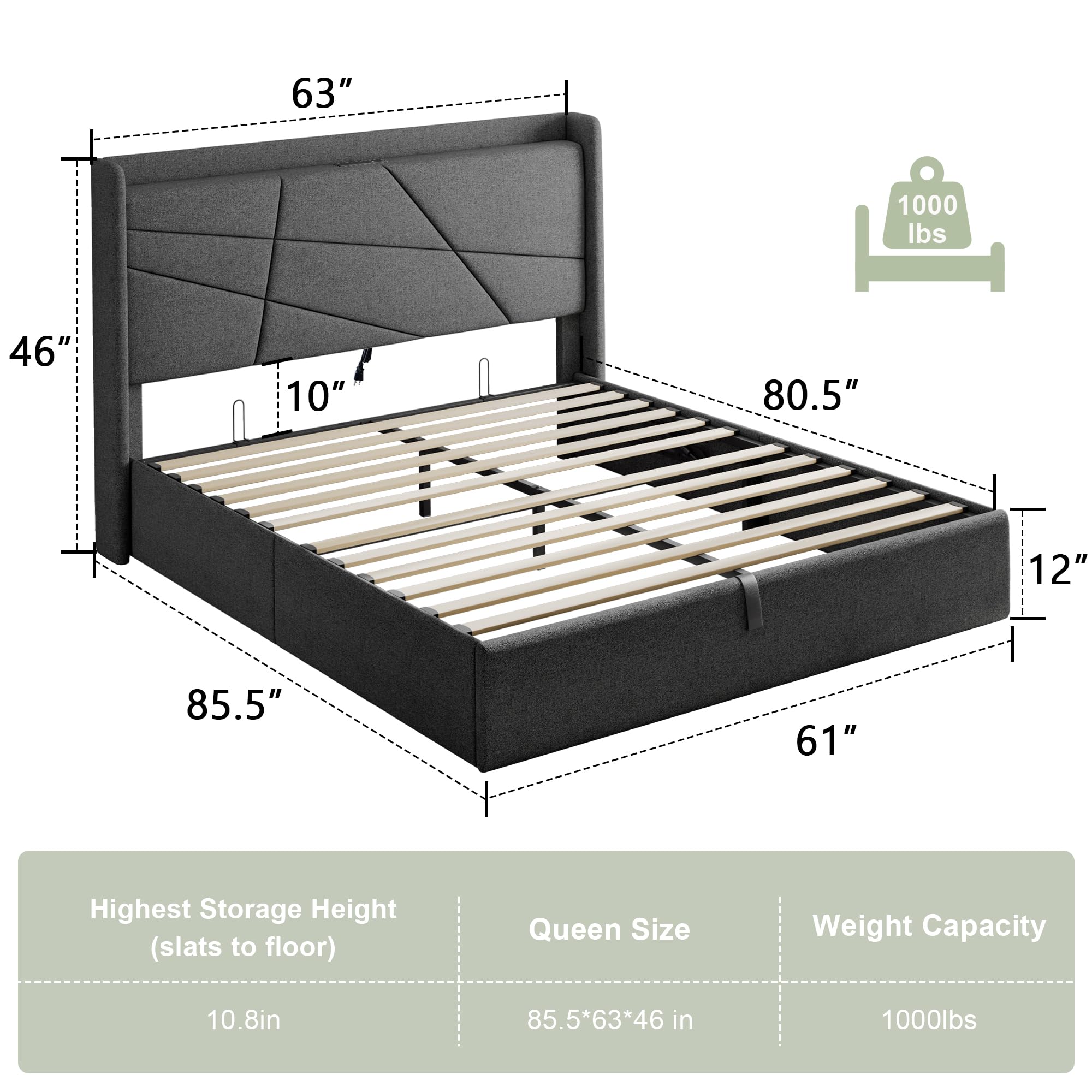 Feonase Queen Size Lift Up Storage Bed Frame with Charging Station, Upholstered Wingback Platform Bed Frame with Hydraulic Storage, Wooden Slat Support, No Box Spring Needed, Noise-Free, Dark Gray