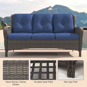 Yokayoay Outdoor Couch Patio Sofa 3 Seater, Wicker Sofa with Seat and Back Cushion, Lounge Couch Furniture for Porch, Backyard, Balcony, Deck