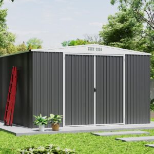 garveelife 10x10 shed for outdoor storage, galvanized steel metal tool sheds house with lockable doors, lock & air vent, large utility sheds for patio garden lawn