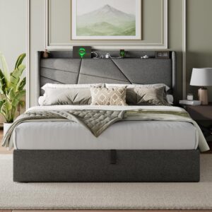 Feonase Queen Size Lift Up Storage Bed Frame with Charging Station, Upholstered Wingback Platform Bed Frame with Hydraulic Storage, Wooden Slat Support, No Box Spring Needed, Noise-Free, Dark Gray