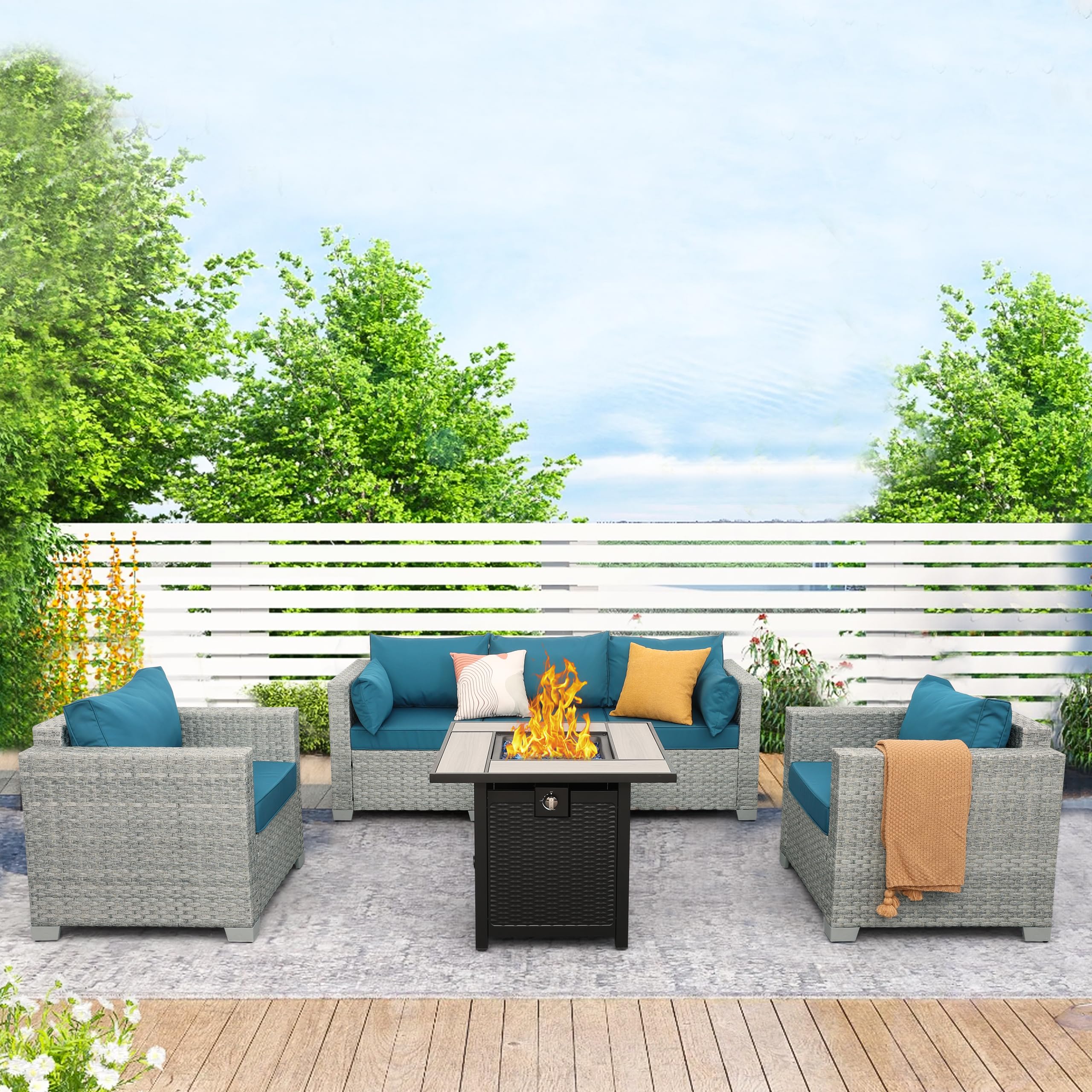 WAROOM 4 Piece Patio Furniture Set with Fire Pit Table Grey Wicker Outdoor Couch Balcony Sofa Patio Conversation Sets PE Rattan Chair, Peacock Blue Cushion