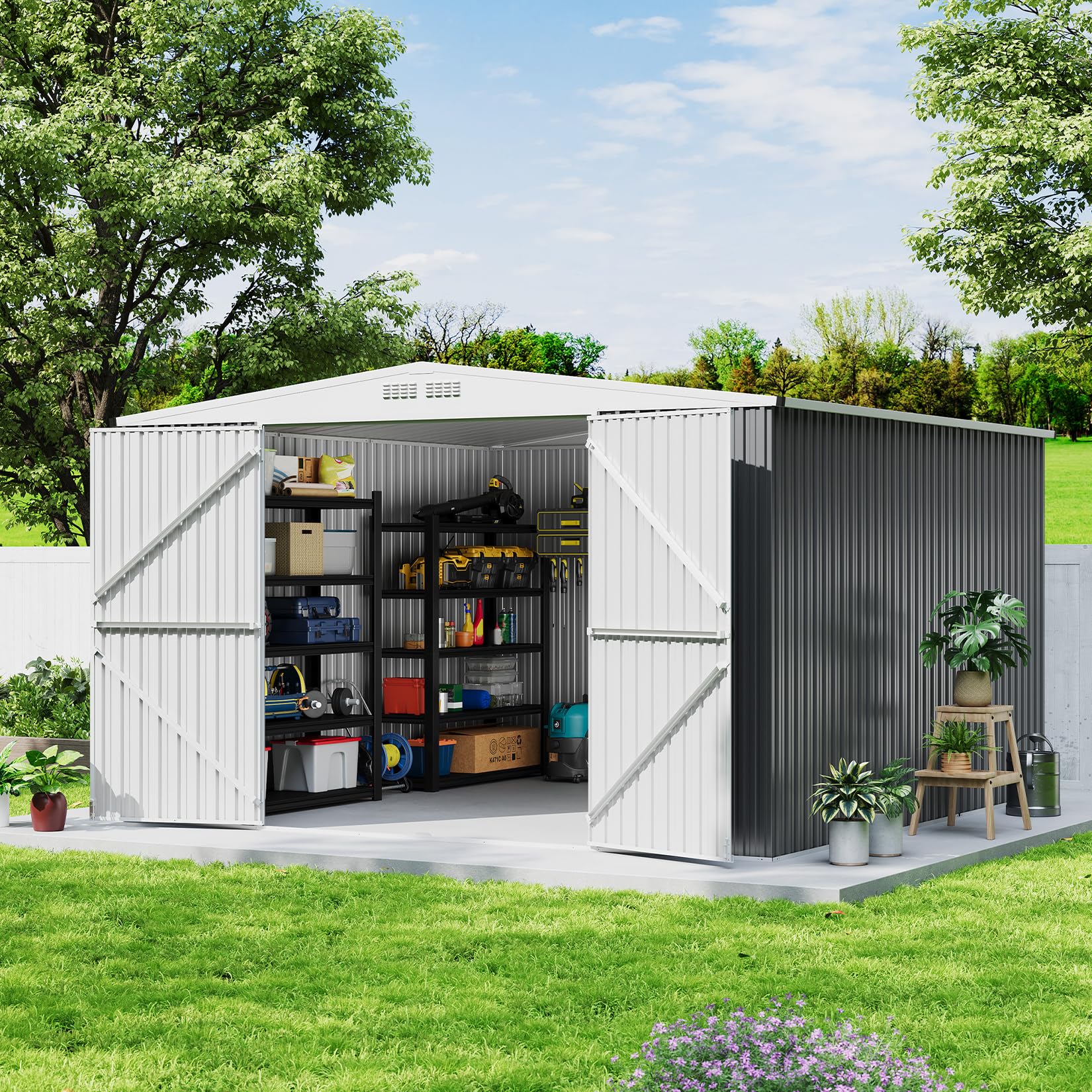 GarveeLife 10x10 Shed for Outdoor Storage, Galvanized Steel Metal Tool Sheds House with Lockable Doors, Lock & Air Vent, Large Utility Sheds for Patio Garden Lawn