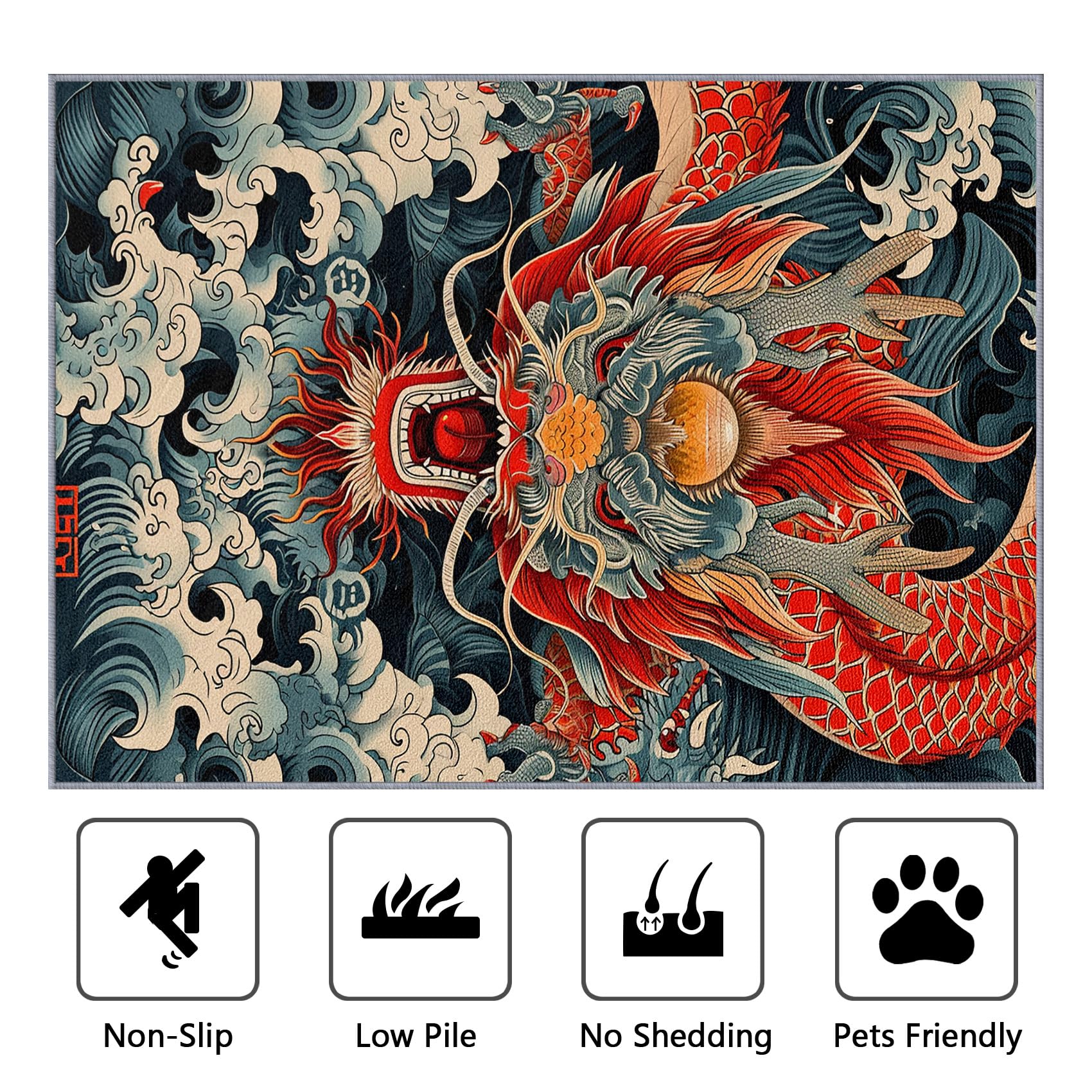 Yoozitrees Japanese Rug 5x7 - Chinese Dragon Rug, 8x10 Rug, Fantasy Animal Great Wave Area Rug, Oriental Asian Carpet, Washable & Non Slip & Soft Large Rugs, Chinese Dragon Home Decor Gifts