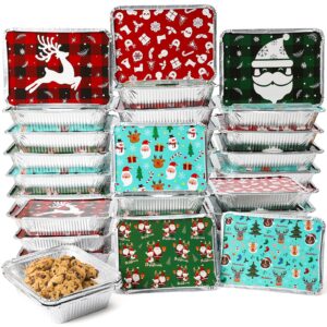 bykitchen christmas foil food containers with lids for gifts, set of 30, christmas cookie treat leftover containers, christmas tins christmas to go containers for holiday gift giving(8.4x6.1in)