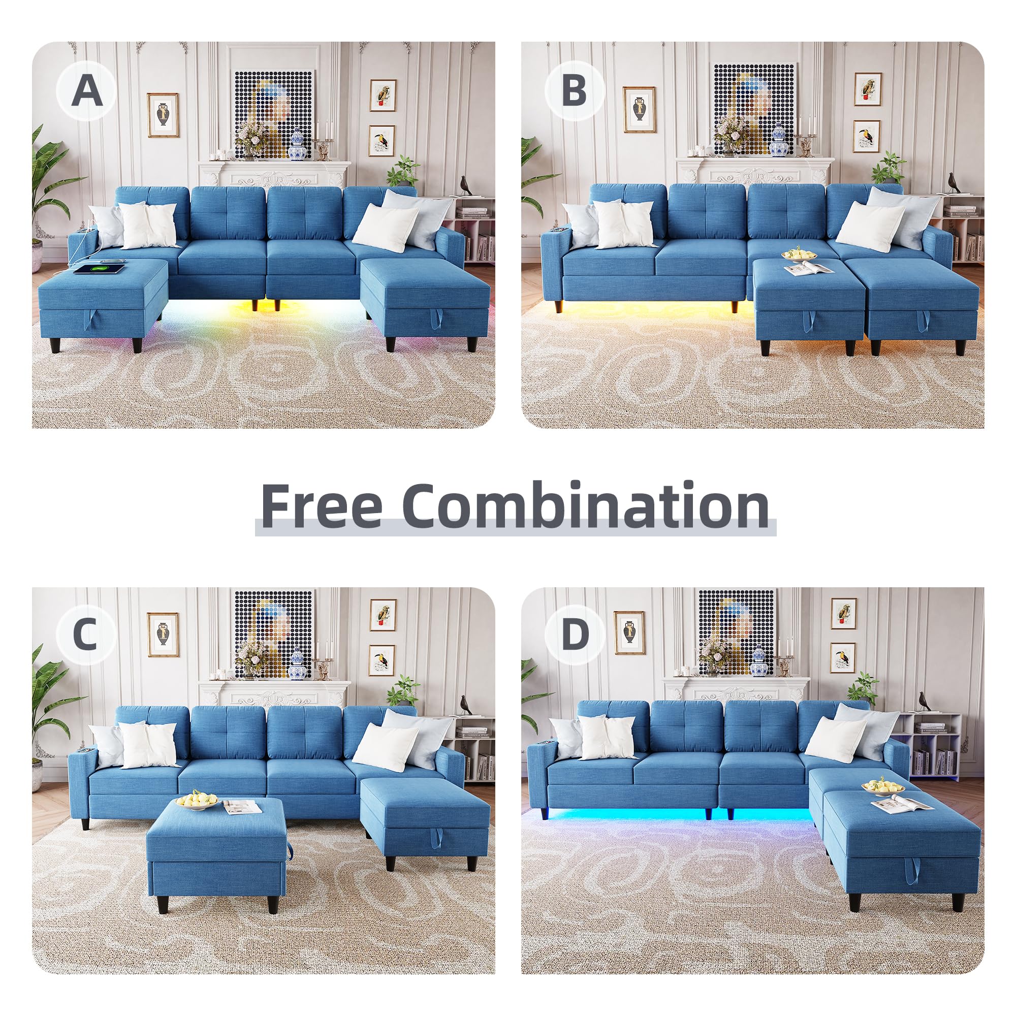 Lvifur LED Sectional Couches for Living Room, Modern Modular Sectional Sofa with Charging Station, Large U-Shaped 4 Seat Sofa Set with Chaise and Storage Ottomans (Blue)