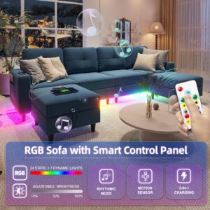 Lvifur LED Sectional Couches for Living Room, Modern Modular Sectional Sofa with Charging Station, Large U-Shaped 4 Seat Sofa Set with Chaise and Storage Ottomans (Blue)