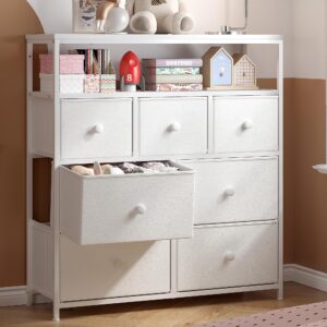 EnHomee White Dresser, Dresser for Bedroom with 7 Storage Drawers, Cute Dresser & Fabric Dresser for Bedroom, Bedroom Dresser with Wood Top and Metal Frame, Closet Dresser for Living Room