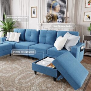 Lvifur LED Sectional Couches for Living Room, Modern Modular Sectional Sofa with Charging Station, Large U-Shaped 4 Seat Sofa Set with Chaise and Storage Ottomans (Blue)