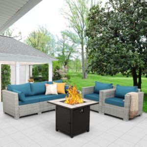 WAROOM 4 Piece Patio Furniture Set with Fire Pit Table Grey Wicker Outdoor Couch Balcony Sofa Patio Conversation Sets PE Rattan Chair, Peacock Blue Cushion