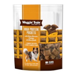 waggin' train high protein pockets with bone marrow, chicken & bone broth for dogs - 12 oz. pouch - made in the usa, high protein, wheat free dog treat