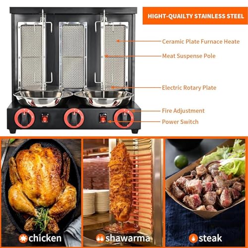 Commercial Vertical Barbecue Grill, 360° Automatic Rotation Gas Rotisserie BBQ Skewer, Stainless Steel Kebab Baking Oven with Temperature 50-300℃, for Restaurant Kitchen Parties(Black)